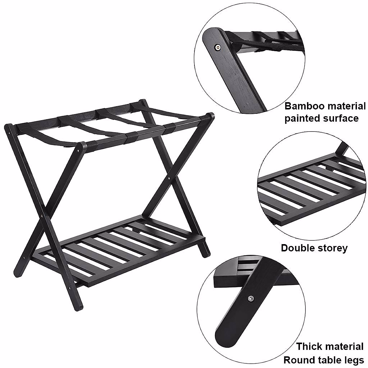 FiveShops Luggage Rack with Shelf, Folding Bamboo Suitcase Luggage Stand, Double Tiers Luggage Holder with Shoe Shelf, Casual Organization Storage Chests for Bedroom, Guest Room, Hotel, Black