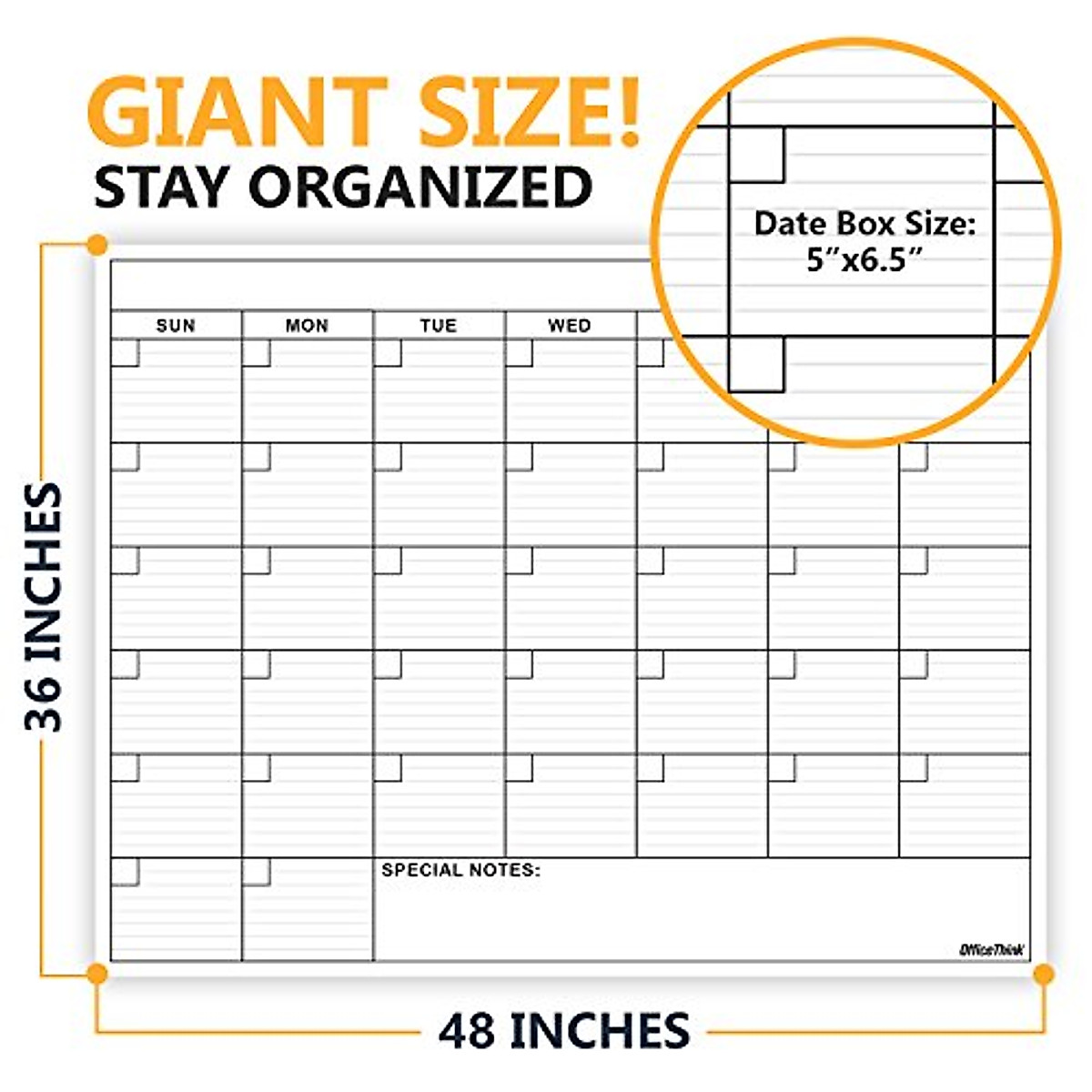 Jumbo Dry Erase Laminated Wall Calendar, Huge 36 Inch by 48 Inch Size, Monthly Planner for Home Office Classroom, Large Date Boxes, Reusable PET Film, Never Folded, 5 Markers, 8 Tacks, 1 Eraser