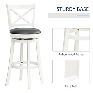 HOMCOM Traditional Bar Stool, 31 Inch Seat Height Barstool, Swivel PU Leather Upholstered Chair, with Cross Back and Rubberwood Frame, Cream White