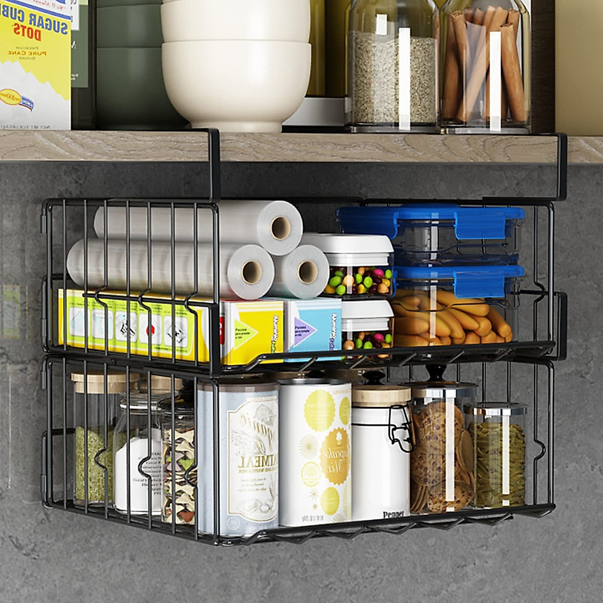 Hanging Under Shelf Storage Basket, 4 Pack Foldable Under Cabinet Metal Desk Storage Wire Rack Organizer for Kitchen Pantry Bookshelf Office Home, Easy to Install Slide-in Under Shelves (Black)