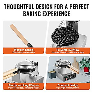 VEVOR Commercial Bubble Waffle Maker, 1400W Egg Pancake Baker Machine, Non-Stick Stainless Steel Egg Bubble Puff, 180° Rotatable, Temp and Time Control, Wooden Handle, for Restaurant Bakery Snack Bar