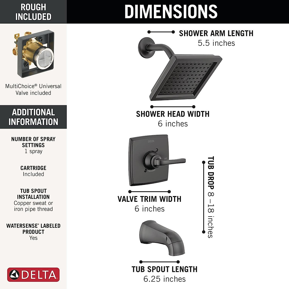 Delta Faucet Geist 14 Series Tub and Shower Trim Kit, Black Shower Faucet with Single-Spray Matte Black Shower Head, Shower Faucet Set Complete, Matte Black 144864-BL (Valve Included)