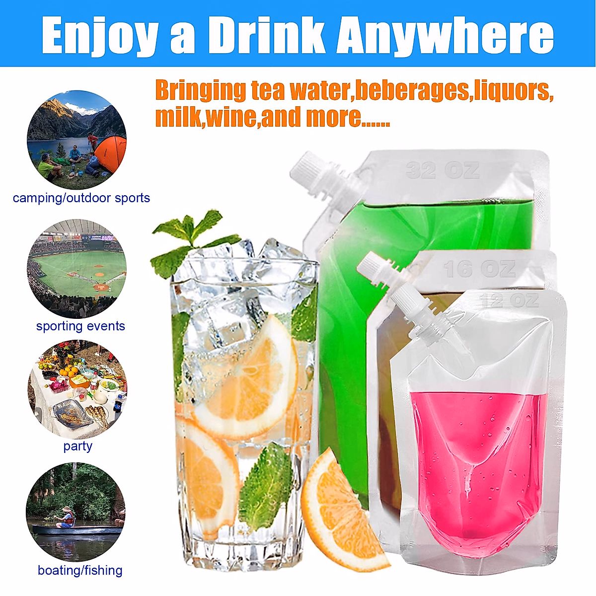 6 Pieces Drinks Flasks Juice Flasks Liquor Pouch Reusable Drinking Flasks Concealable Plastic Flasks for Sneak to go flask, with Funnel (16 OZ)