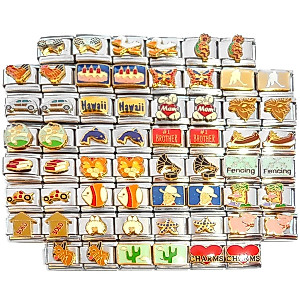 Set of 60 Italian Charms - Sports, Palm Tree, Butterfly Beach, Car, Dance, Bunny, Megaphone, and More 9mm Bracelet Links