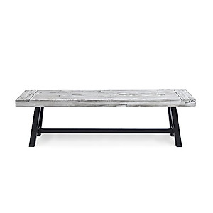 Cassie Outdoor Light Grey Sandblast Finish Acacia Wood Dining Bench with Black Rustic Metal Finish Frame