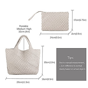 Woven Tote Bag, Women Macaron Soft Leather Weave Handbag Purse Wrist Bag Large Capacity Work Shopping Travel Daily (Beige)