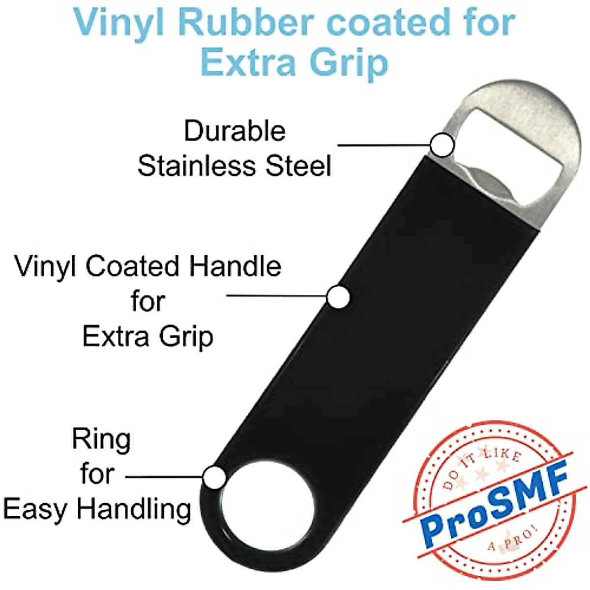 ProSMF Flat Bottle Opener - Bottle Opener for Bartender - Beer Bottle Opener - Stainless Steel - Heavy Duty - Vinyl Rubber Coated Handle - Black - 3 Pack - 2 Large & 1 Mini