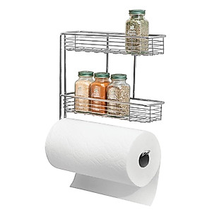 mDesign Wall Mount Metal Paper Towel Roll Holder and Dispenser with 2 Shelf Baskets - Kitchen Storage and Organization for Spice Bottles, Glass Jars, Salt, Pepper - Chrome