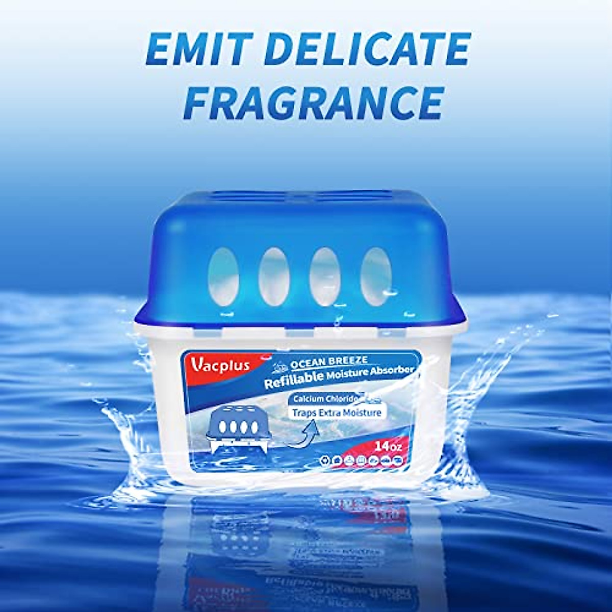 Vacplus Moisture Absorbers, Reusable Dehumidifiers for Closet, Moisture Absorbers for Rooms with Visible Dehumidification, Humidity Absorber Boxes & Odor Removers, 14OZ, 4 Pack (Ocean Breeze Scent)