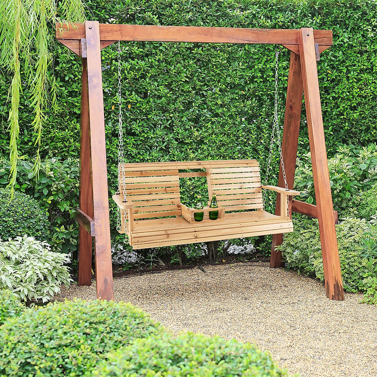 Giantex Outdoor Hanging Porch Swing - 2-Seat Wood Swing Bench with Folding Cup Holder and Sturdy Metal Hanging Chains, Outside Patio Swing Chair for Garden, Backyard, Poolside, Natural