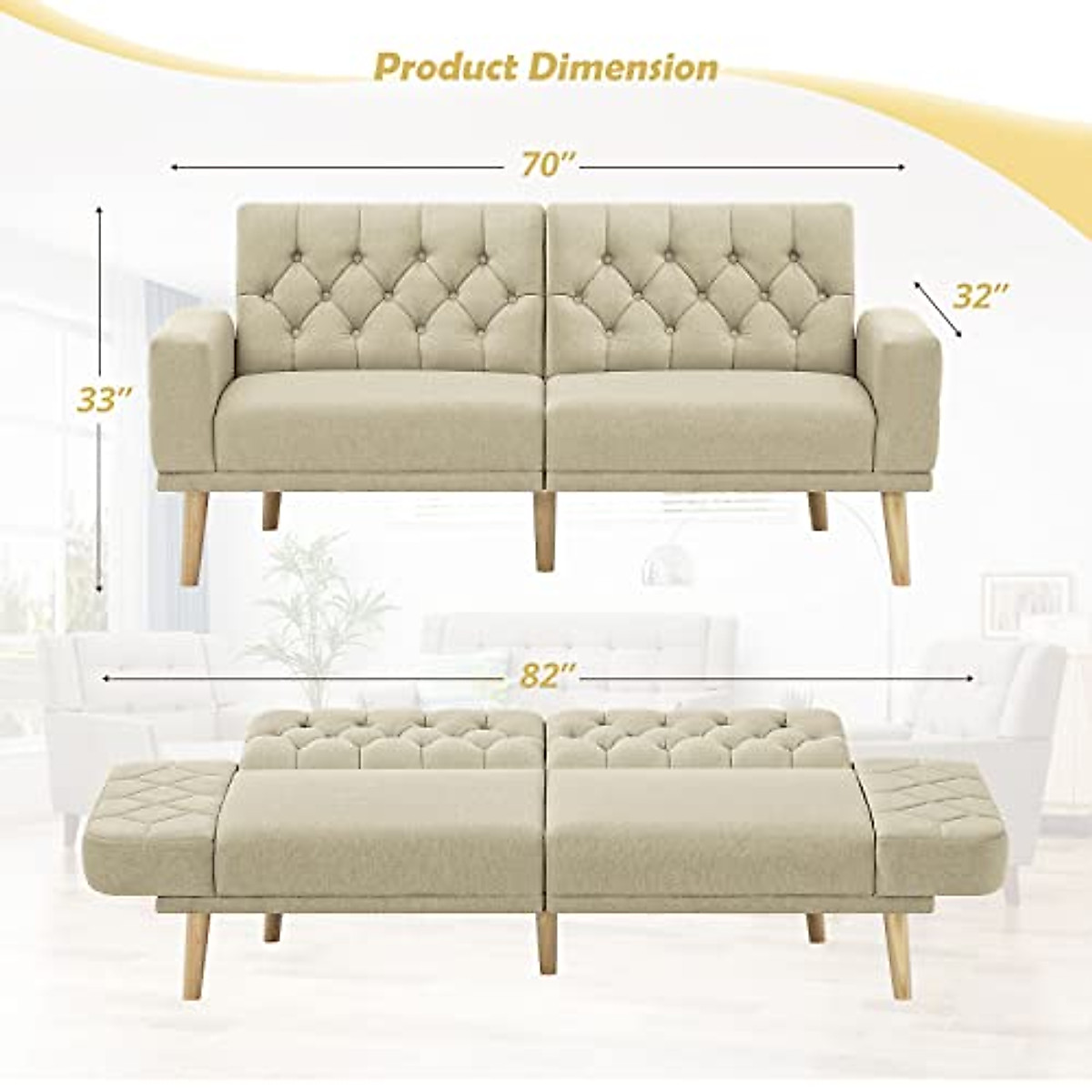ACMEASE 70” Linen Fabric Futon Sofa Bed with Adjustable Backrests, Tufted Sleeper Couch with Convertible Armrest, 82” Extendable Loveseat Sofa with 2 Pillows for Living Room, Bedroom, Beige