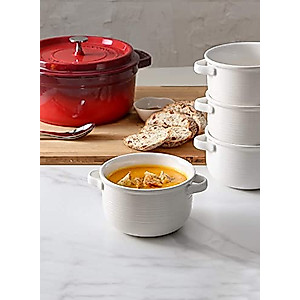 LE TAUCI Soup Bowls with Handles, Ceramic French Onion Soup Bowls 28 Ounces for Soup, Cereal, Chilli, Beef Stew, Stackable Serving Bowls Set, Oven Microwave Dishwasher Safe, Set of 4, White