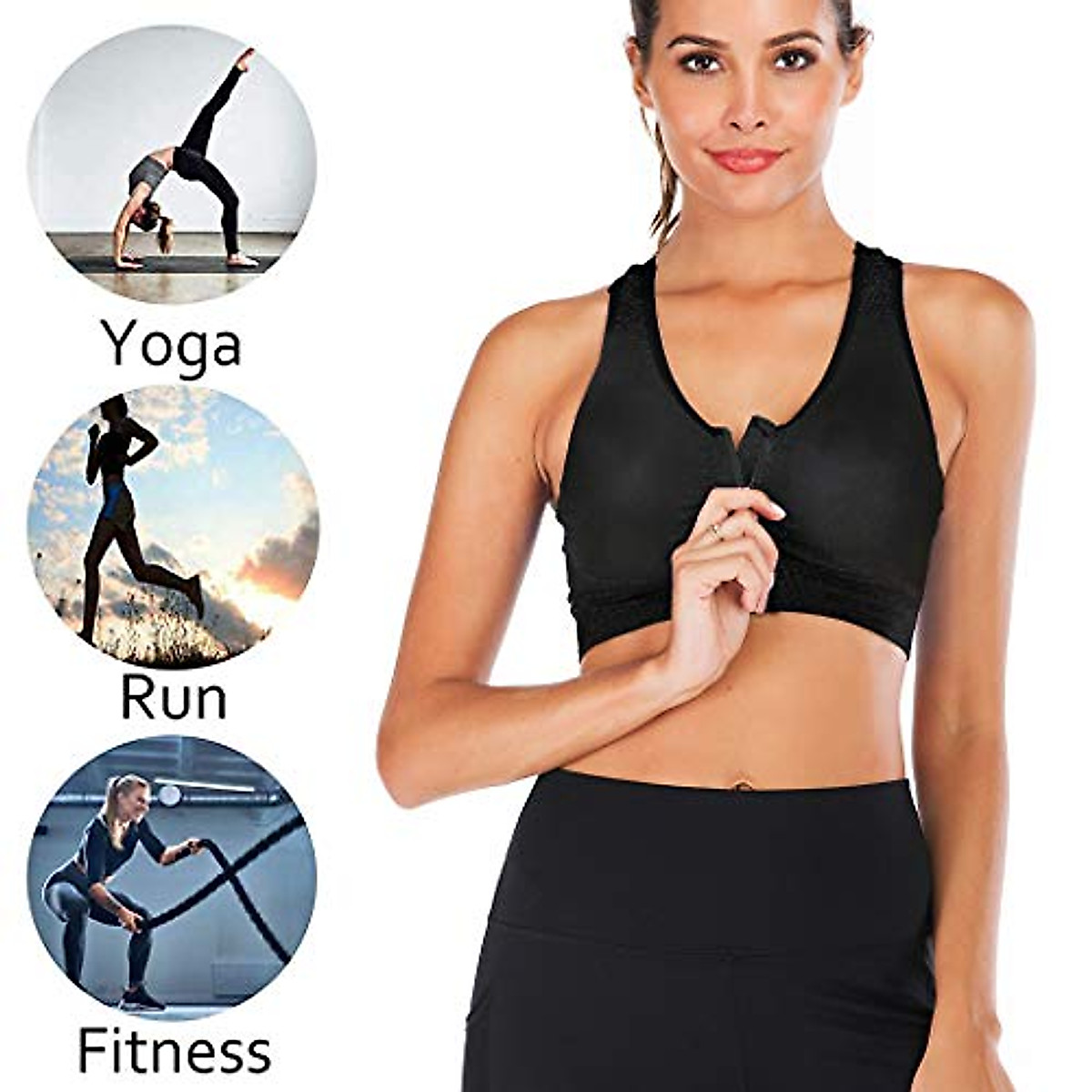 FLORATA Sports Bras for Women Zip Front Sports Bra Wireless Post-Surgery Bra Removable Cups Yoga Sport Bra