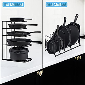 Toplife Heavy Duty Pan Organizer, 5 Tier Pot and Pan Organizer Rack for Cast Iron Skillets, Griddles and Pots - Durable Steel Construction- No Assembly Required - Black