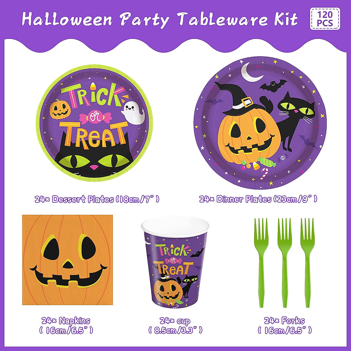 AGoooodySet 120pcs Halloween Party Supplies Trick Or Treat Plates Napkins Paper Cups Green Disposable Forks Tableware Set Halloween Party Supplies Sever 24 Guests