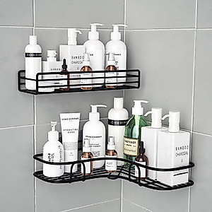 Generic Bathroom kitchen Punch Corner Frame Shower Shelf Wrought Iron Shampoo Storage Rack Holder with Suction Cup bathroom accessories, Corner/Shelf/Rack/Storage Organizer (Black(1pc))