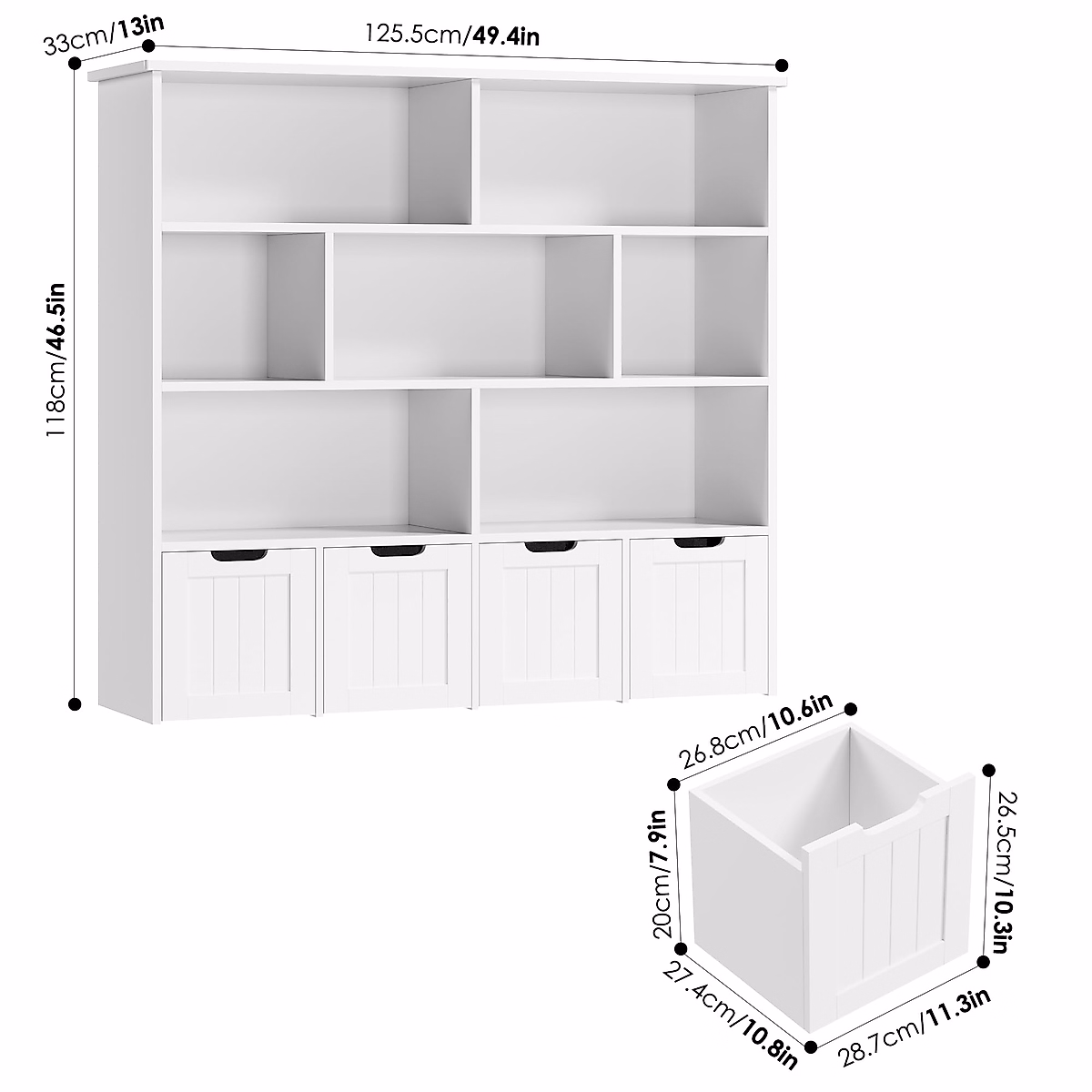 FINETONES Toy Storage Organizer, Large Toy Organizers and Storage with 4 Movable Drawers and 7 Storage Cubbies, Toy Chest Shelf Organizer with Hidden Wheels, Kids Bookshelf and Toy Storage