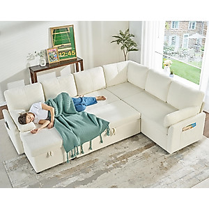VanAcc Sleeper Sofa, 112 Inch Pull Out Sofa Bed with Storage Chaise & 3 Seater, Oversized U Shape Sectional Couch with Pull Out Bed, White Boucle Couch
