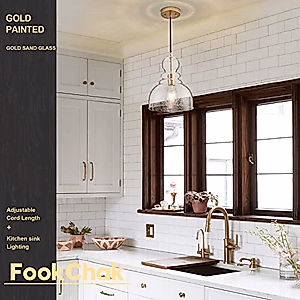 FookChak Gold Pendant Light, Modern Glass Pendant Lighting Over Table 10inch Large Brass Ceiling Haning Light Fixture for Kitchen Island Kitchen Sink Dining Room Hallway Entrance, 1-Light E26