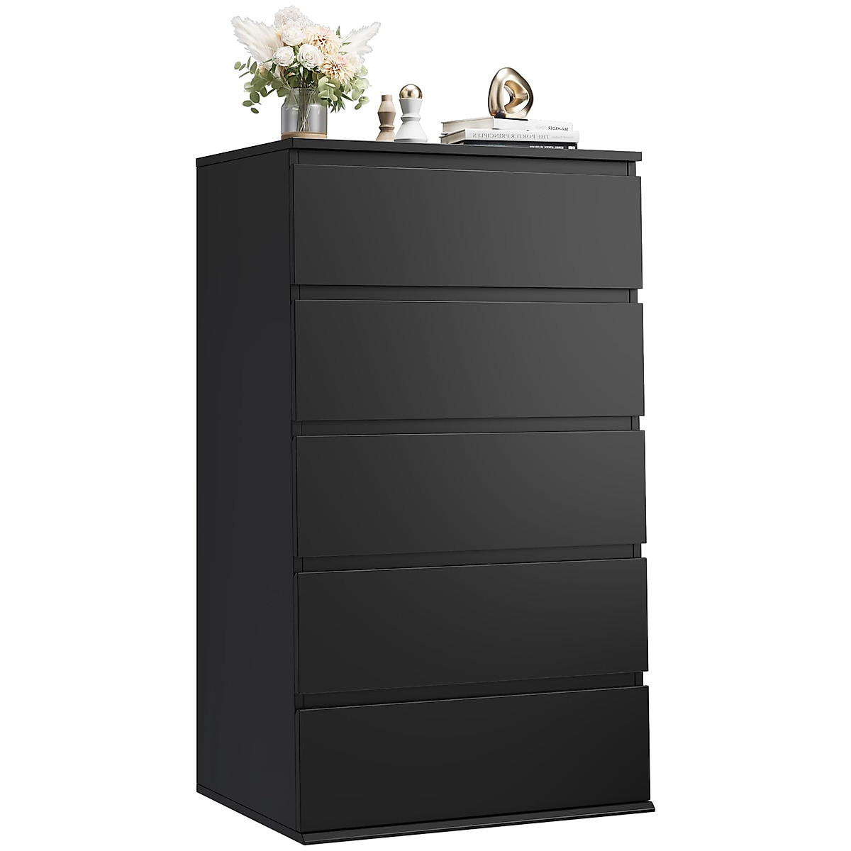 FOTOSOK Black Dresser, 5 Drawer Dresser Tall Black Dresser with Large Storage Space, Modern Storage Chest of Drawers, 23.6L x 17.6W x 39.1H Inch Storage Organizer Cabinet for Home, Black