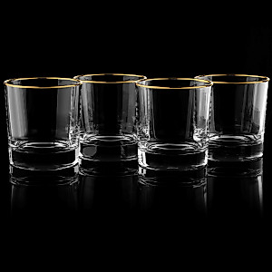 Whiskey Glasses Set of 4 Simple Design with 24K Gold Rim | Bar Glasses | Old Fashioned Tumblers | Lowball Glasses | Rocks Glasses | Standard12 OZ Drinking Glass