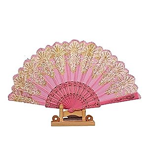PHONME Multipurpose 2 pcs Fashion Folding Fan Flower Lace Silk Wedding Dance Party Stage Performance Decoration Fashion Stamping Hand Held Fan for Decoration Vintage style (Color : Red)