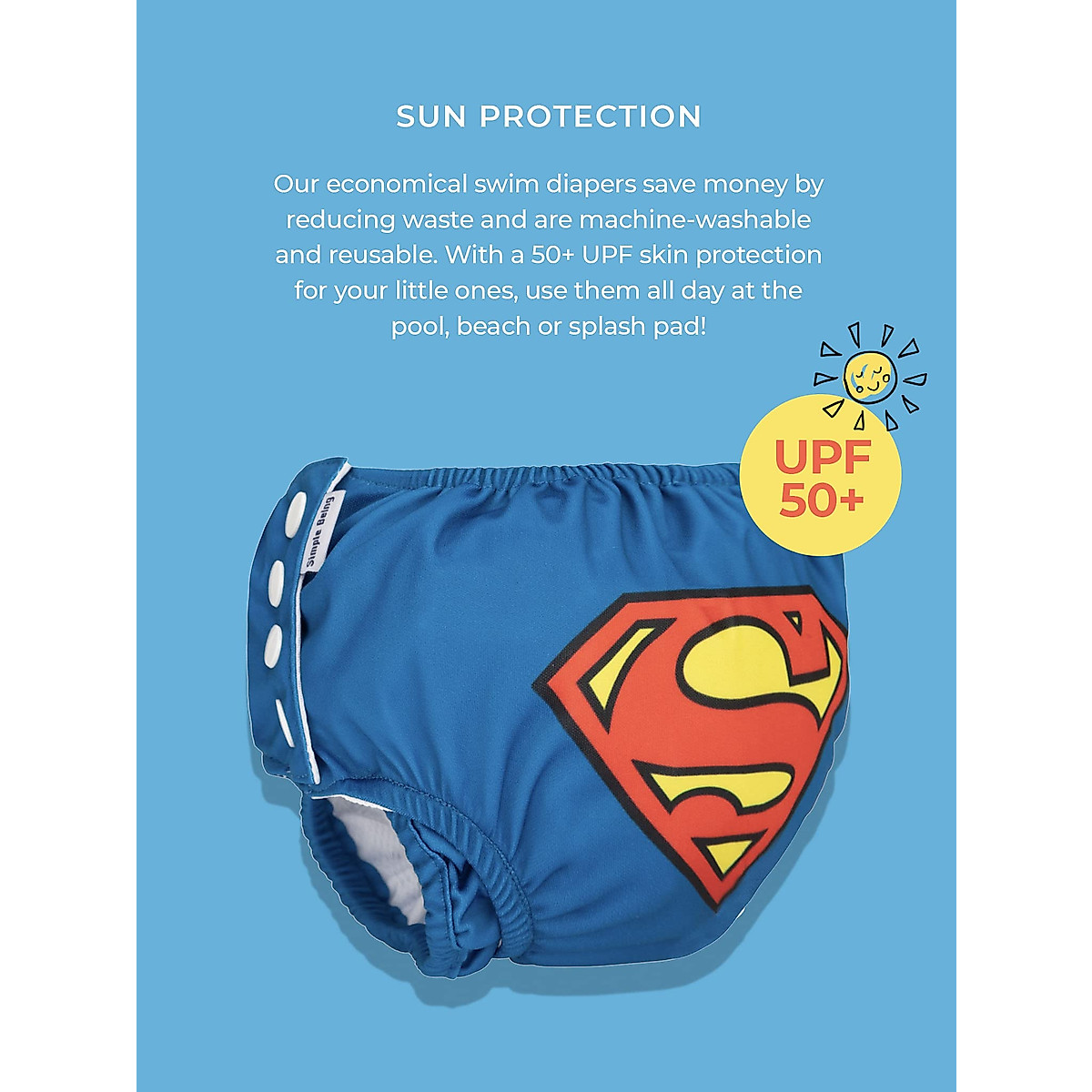 Simple Being Adjustable Snap Reusable Swim Diaper, Double Gusset (DC Superman 18 Months)