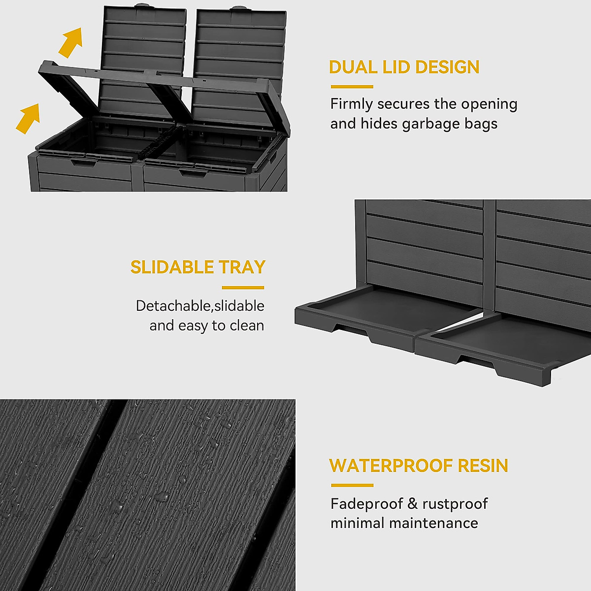 DWVO Outdoor Large Resin Trash Can, 62 Gallon Classified Hideaway Garbage Bins with Dual Lid and Drip Trays for Porch, Backyard, Deck, Patio, Poolside, Easy to Clean, 248 Quart, Black