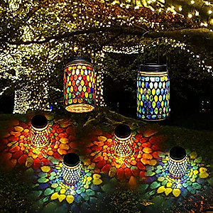 Zhehao 6 Pieces Outdoor Lanterns Waterproof Solar Powered Mosaic Lights Christmas Garden Lanterns Solar Mosaic Lamp Lanterns for Christmas Holiday Garden Yard Patio Pathway Decoration, Blue, Red