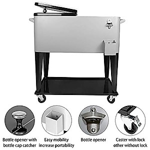 SHAREWIN 80 QT Rolling Cooler Cart Ice Chest for Outdoor Patio Deck Party Portable Party Bar Cold Drink Beverage Cart Tub, Backyard Cooler Trolley on Wheels with Shelf, Bottle Opener Silvery