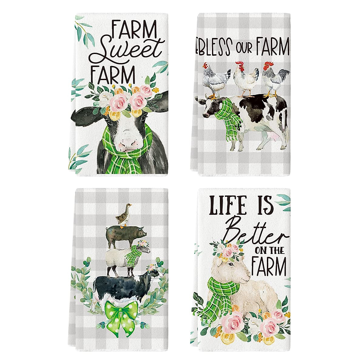 Artoid Mode Cattle Sheep Chickens Duck Farm Sweet Farm Kitchen Towels Dish Towels, 18x26 Inch Buffalo Plaid Leaves Decoration Hand Towels Set of 4