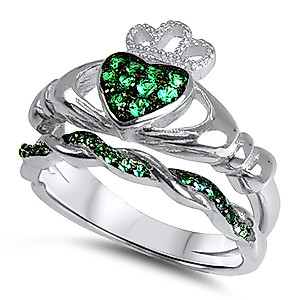 His Hers Celtic Wedding Ring Set TRIO 3 PCS Simulated Emerald Bridal Set Silver Black 316L Steel Him Her