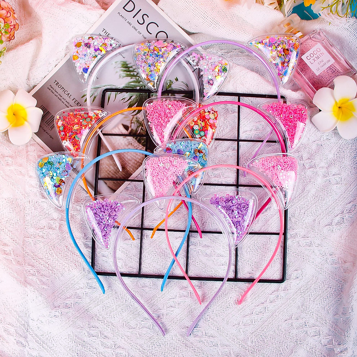 Fishdown Cute Cat Ears Headbands Set for Girls Plastic Headbands for Non-slip Transparent Cat Ears Headbands Quicksand(7pcs Per Pack Each Color 1pcs)