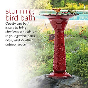 Alpine Corporation 28" Tall Outdoor Metal Birdbath with Birds and Leaves Yard Statue Decoration, Red
