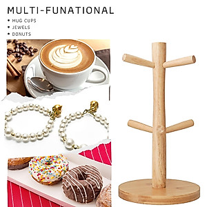 E-ROOM TREND Mug Holder 1 Pack Dia 6.7" Large Thicken Base Steady Wood Coffee Cup Rack with 6 Hooks Stand for Countertop Coffee Bar Accessories and Decor Coffee Organizer Station(MH171)