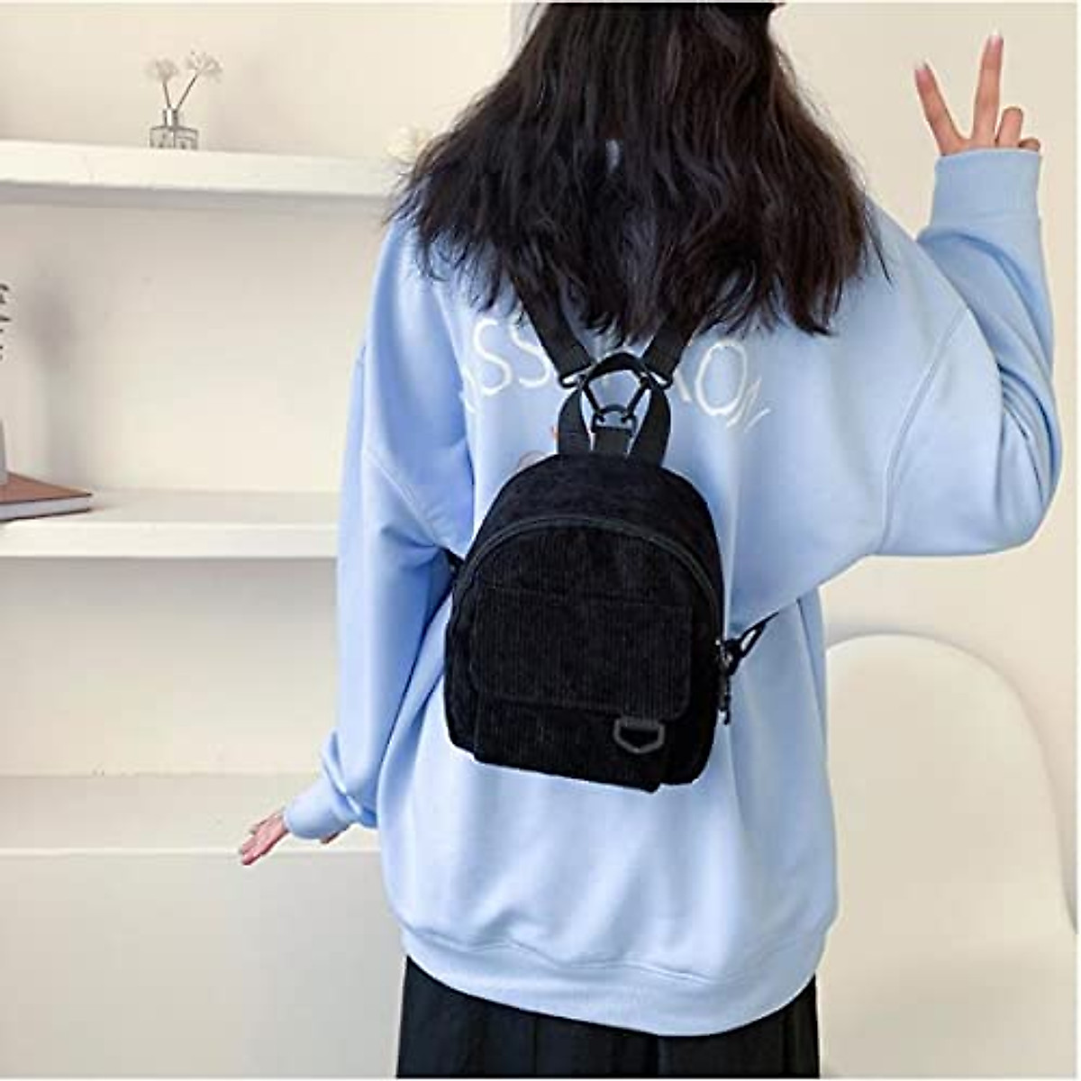 MBVBN Cute Mini Corduroy Backpack Casual Shoulder Bag Casual Kawaii Small (Black)