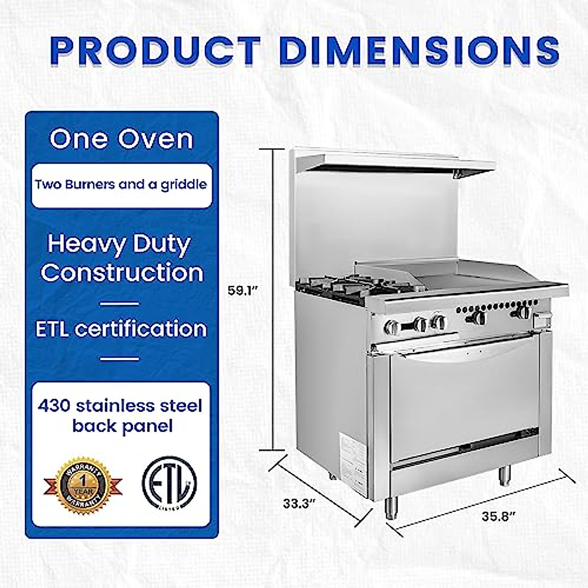 WMAOT 36" Commercial Range with 2 Burner 4.8 Cu.Ft Electric Oven 24" Griddle 35000 BTU Manual Natural Gas Range for Commercial Kitchen Restuarant Bar