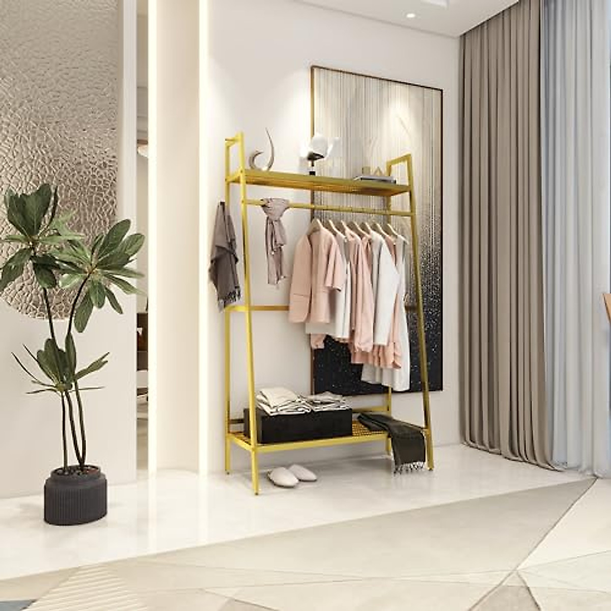 Garment Rack and Clothes Rack: Chic Gold Heavy-Duty & Stylish Clothing and Garment Rail with Double Layer Storage Shelf for Clothes, Shoes, and More. Perfect for Bedroom, Office, or Living Room.