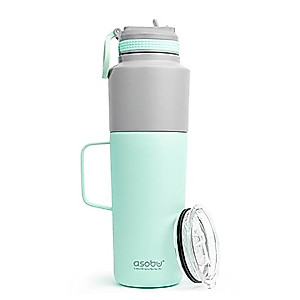 Asobu Insulated Water Bottle Flask with Straw Lid 30 Ounce and Insulated Stainless Steel Coffee 20 Ounce Mug Attached Twin Pack (Mint)