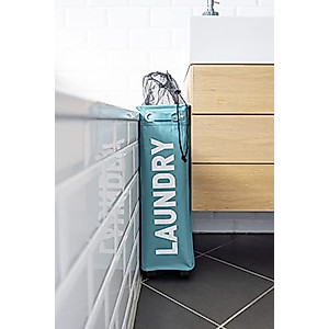 WENKO Corno Slim Laundry Basket with Wheels, Thin Laundry Hamper, Rolling Laundry Bin with Lid, Space Saving Narrow Laundry Hamper for dirty Clothes Storage, 23.6 x 15.7 x 7.3 inch, Petrol