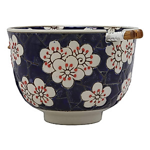 Ebros White Cherry Blossoms Sakura Mosaic Style Blue Ramen Udong Noodles 5" Diameter Bowl With Built In Chopsticks Rest and Bamboo Chopstick Set for Dining Soup Rice Meal Bowls Decor Kitchen