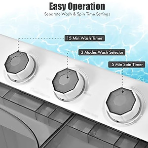 COSTWAY Portable Washing Machine, Twin Tub 26lbs Capacity Laundry Washer, 18lbs Washer and 8lbs Spinner Combo with Timer Knobs, Built-in Drain Pump, Compact Washer for Home Dorm Apartment (Grey+White)