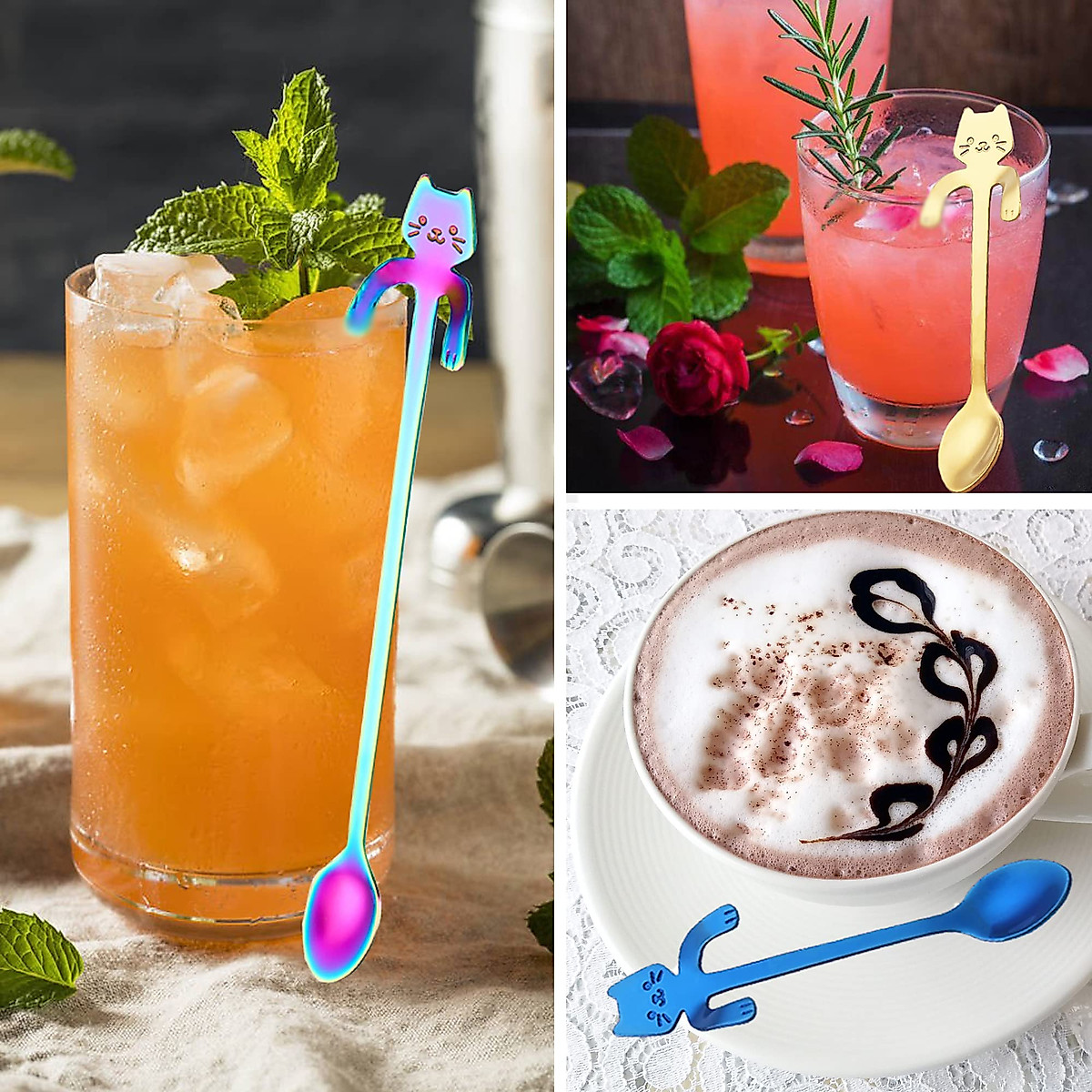 6 PCS Cat Spoon Coffee Tea spoon Set, ESRISE Stainless Steel Hanging Cup Teaspoons Demitasse Mini Long Cute Kitten Stirring Spoon for Dessert Drink Mixing Milkshake (Multi)