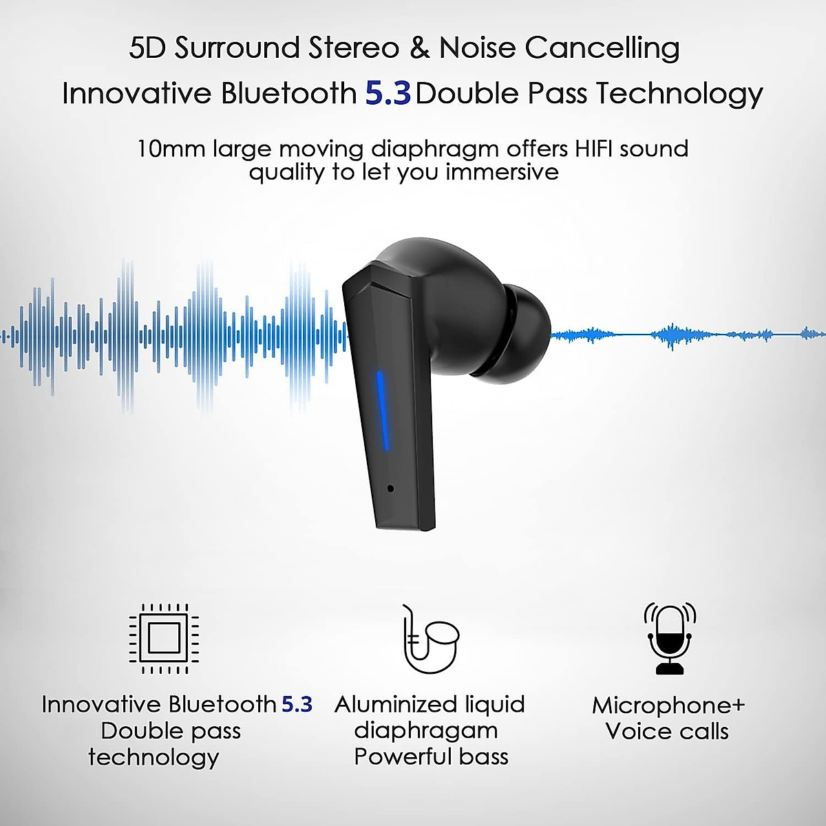 OONOL Wireless Earbuds, Yi-shaney Bluetooth 5.2 Bass Sound Headphones Gaming Earphones with Touch Control, Noise Cancelling Waterproof Headset with Mic, 18H Play Time, 65ms Low Latency (Black)