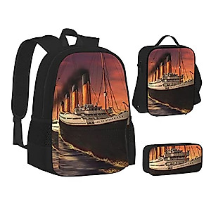 3 Piece Backpack Set Titanic Sunset School Bag,Travel Camping Daypack Students Bookbag Pencil Case Lunch Bag Combination