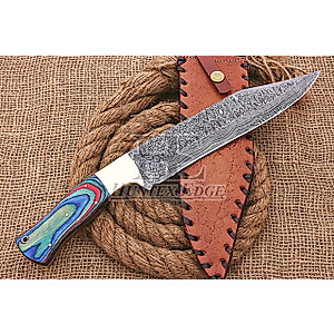 HUNTEX Handmade Hand-Forged Rain Drop Pattern Damascus Steel 14 Inch Long Full Tang Pakka Wood Handle Razor Sharp Hunting Camping Bowie Knife w/Genuine Leather Sheath