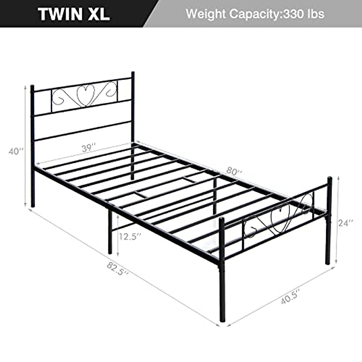 Giantex Twin XL Bed Frame, Metal Platform Bed with Heart-Shaped Headboard & Footboard, Mattress Foundation, Heavy-Duty Steel Slat Support, No Box Spring Needed, Easy Assembly, Black