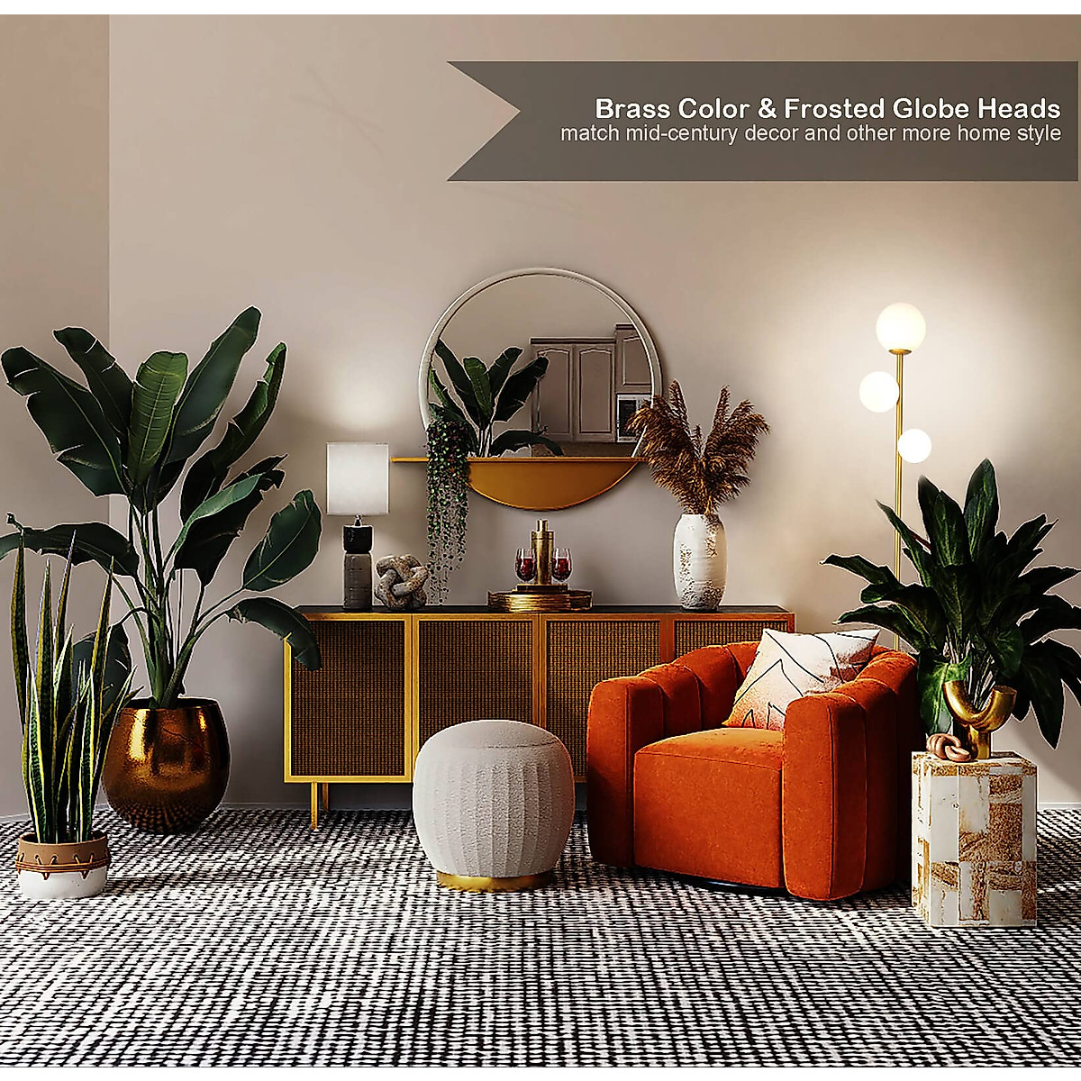 3 Globe Mid Century Modern Floor Lamp for Living Room, Contemporary Gold Floor Lamp with Frosted Glass Shade and Bulbs Included, LED Standing Tall Pole Lamp for Bedrooms, Office - Antique Brass