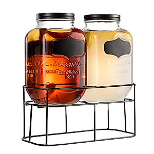 Royalty Art Dual Mason Jar Drink Dispensers with Metal Stand (4-Liters Each) Leakproof, Easy-Pull Spigots and Screw-On Lids Clear, Heavy-Duty Glass Chalkboard Sticker Labels