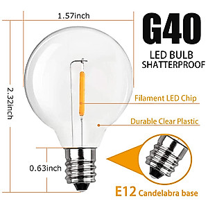 Pallerina LED Replacement Light Bulbs, Shatterproof Dimmable Globe Bulbs for Indoor Outdoor Patio Decor,0.6W Per Bulb,Warm White (G40 Clear Light Bulbs, 25 Pack)